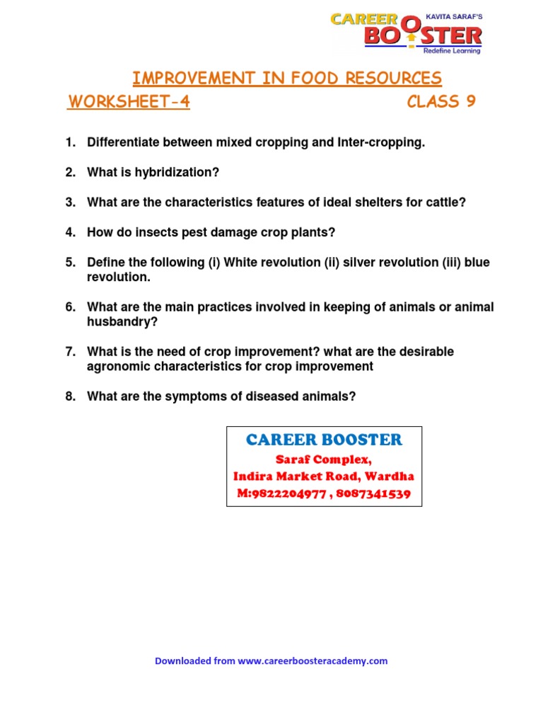 Improvement in Food Resources Worksheet-4 Class 9: Career Booster | PDF ...