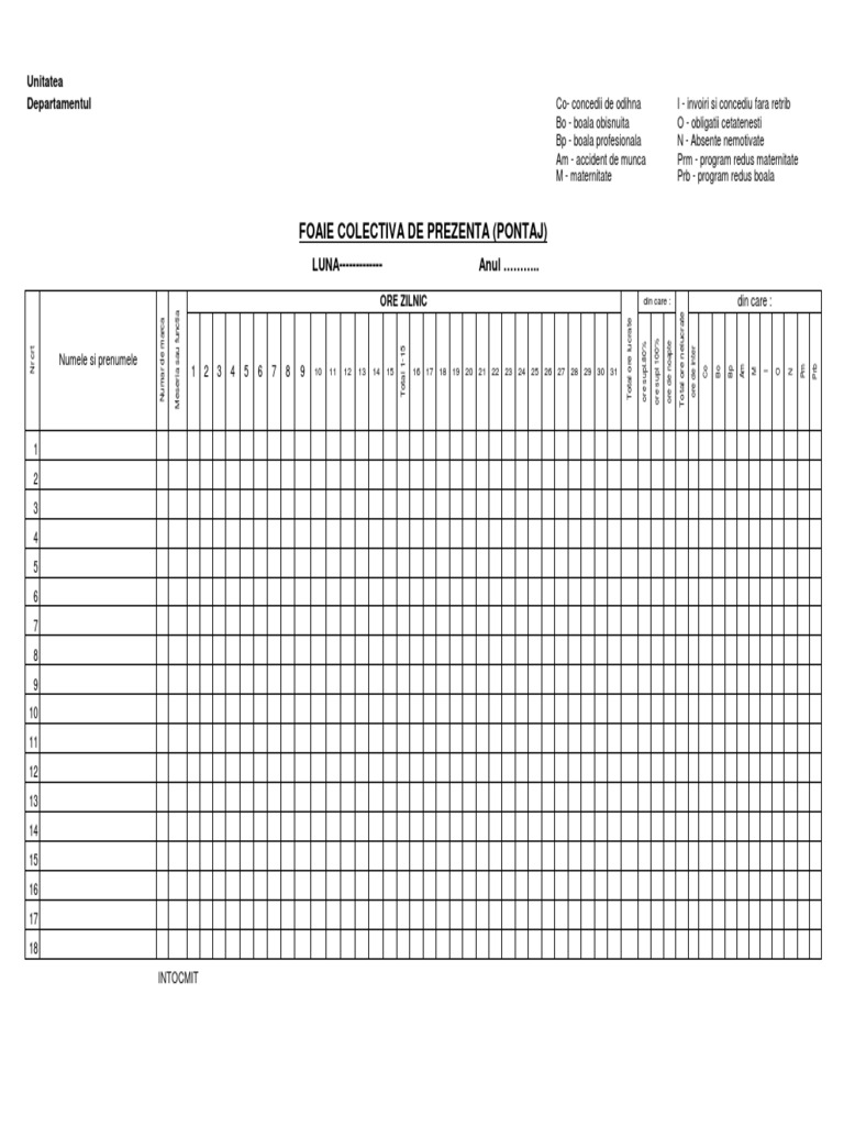 Model Pontaj Foaie Prezenta PDF | PDF