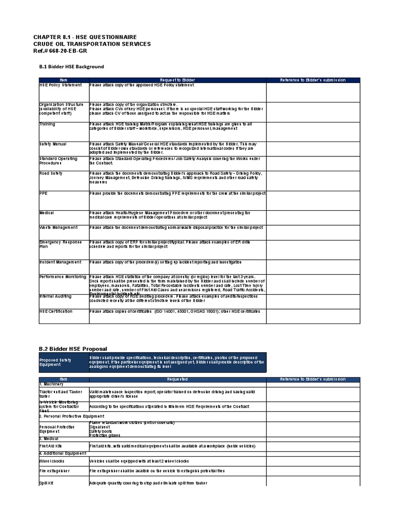 HSE Questionnaire for Crude Oil Transport | PDF | First Aid | Vehicles