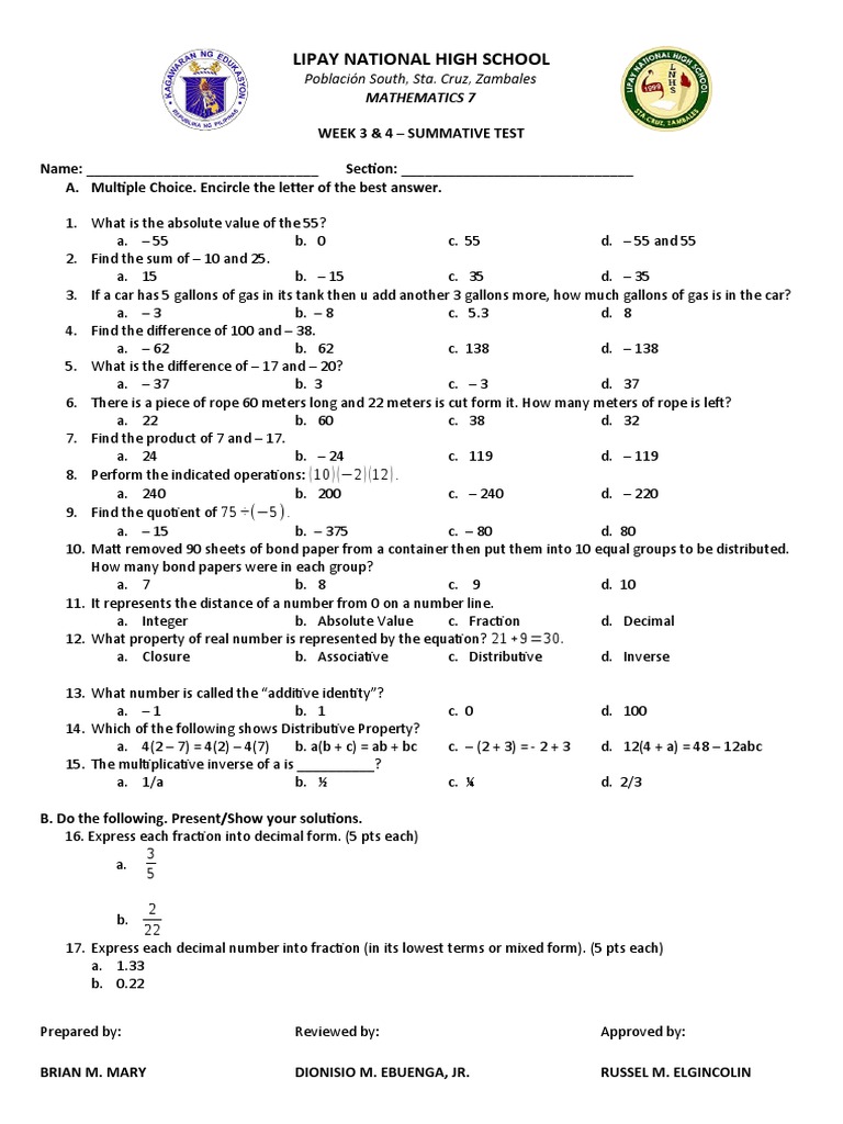 Math 7 - Summative Week 3 & 4 | PDF