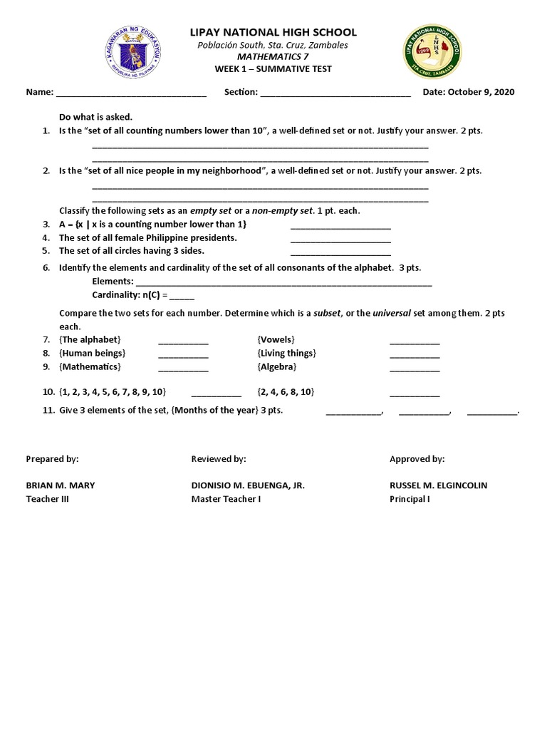 Math 7 - Summative Week 1 | PDF | Empty Set | Mathematical Concepts