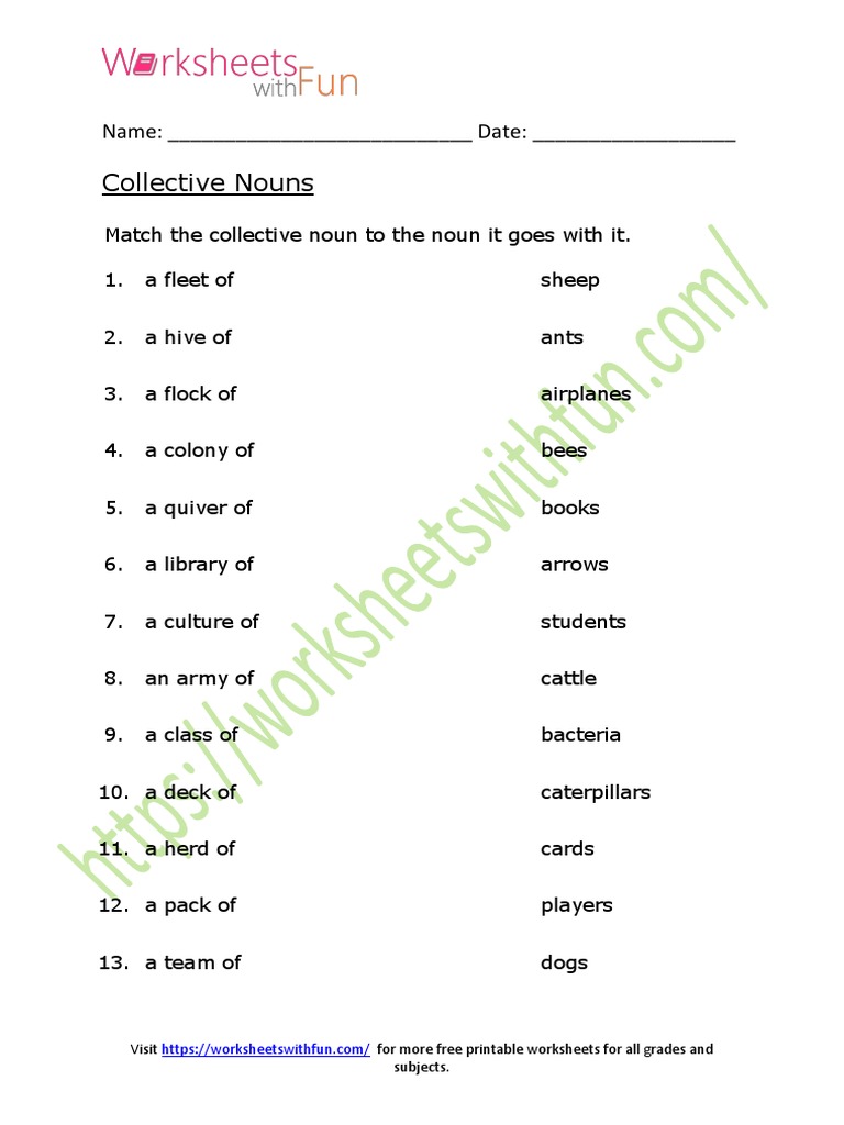 Collective Nouns Matching Worksheet | PDF | Bees | Livestock