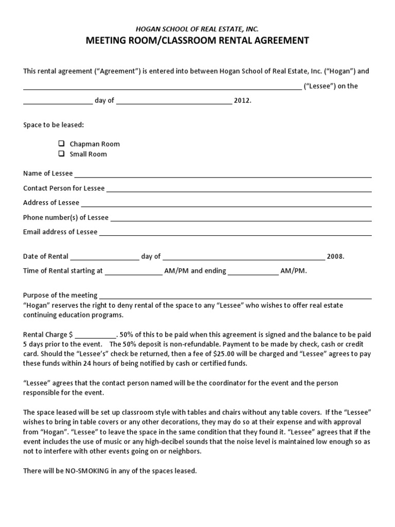 Classroom Rental Agreement Form | PDF | Indemnity | Lease