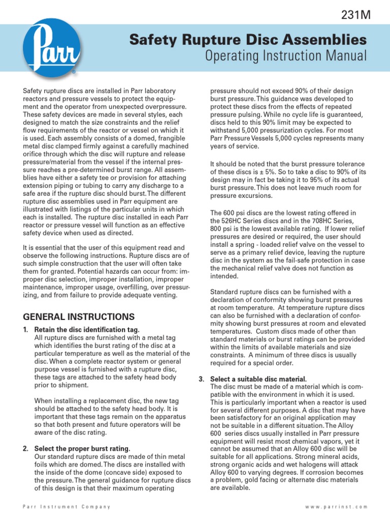 Safety Rupture Disc Assemblies Operating Instruction Manual: General ...