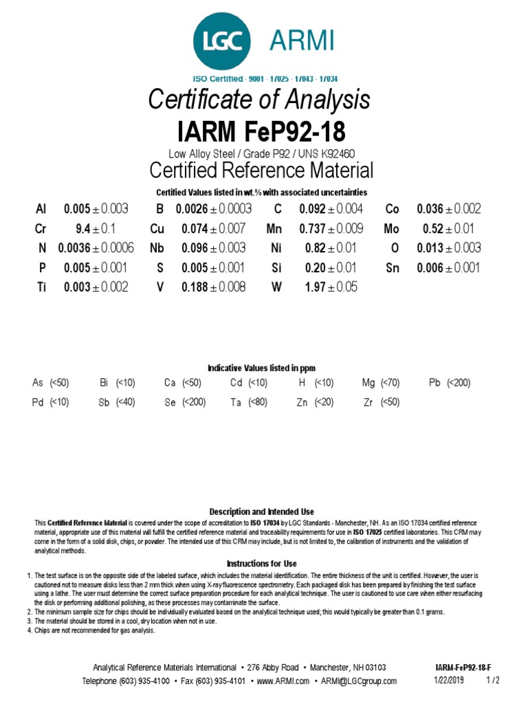 Certificate of Analysis: Iarm Fep92-18 | PDF | Confidence Interval ...