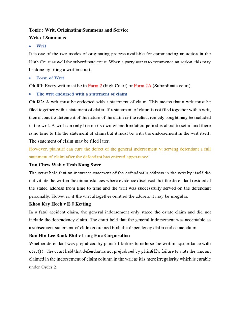 Writ Service Pdf Writ Summons