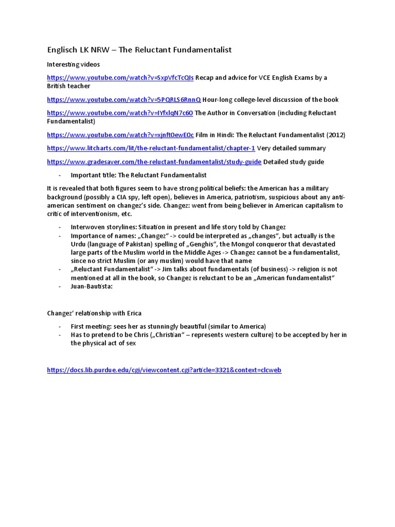 Englisch LK NRW - The Reluctant Fundamentalist | PDF | Unrest