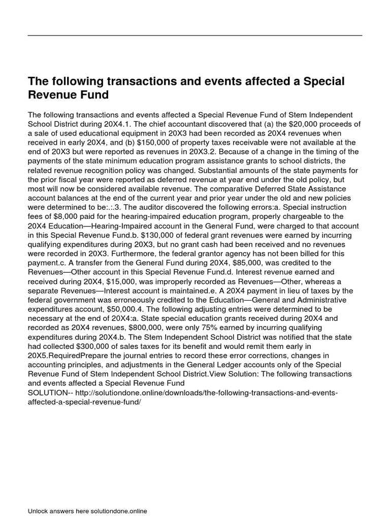 The Following Transactions and Events Affected A Special Revenue Fund ...