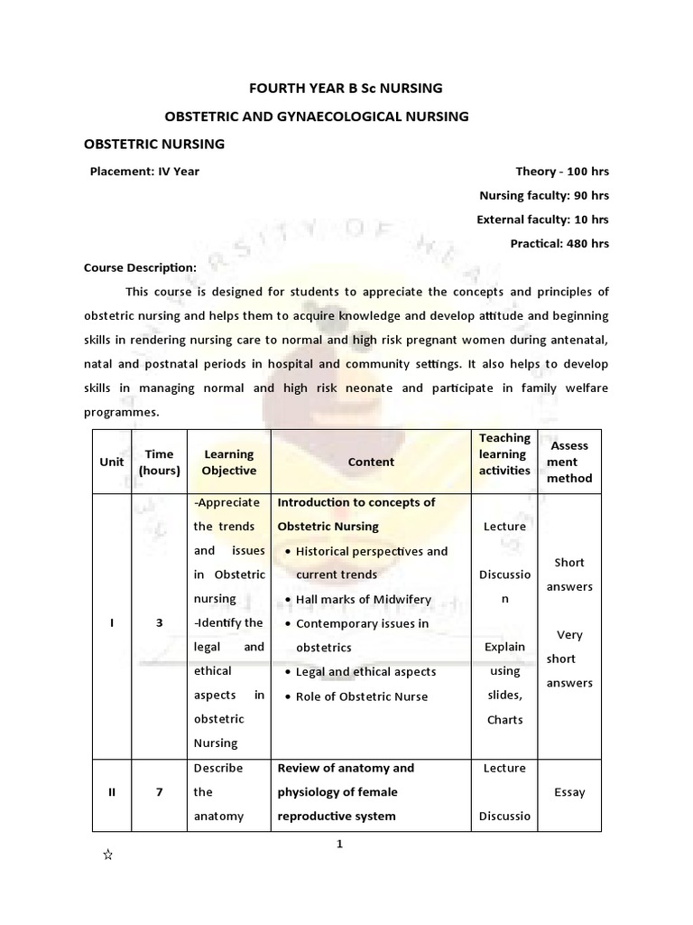 Fourth Year B SC Nursing Obstetric and Gynaecological Nursing Obstetric ...