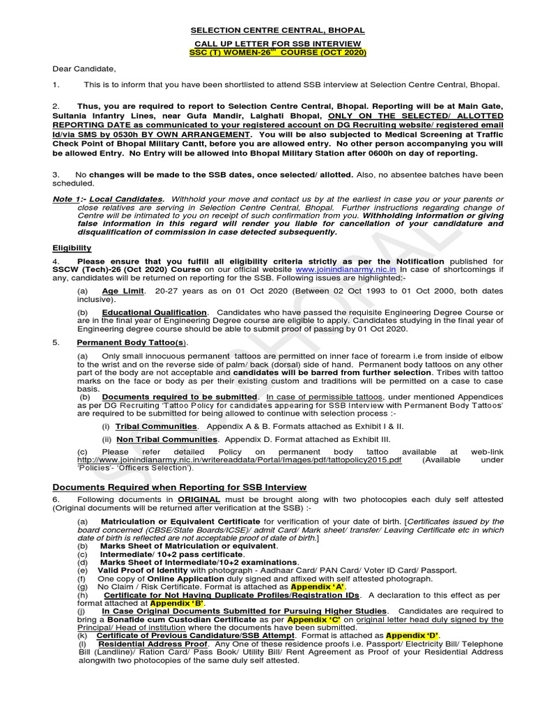 SSB Interview Call Up Letter for Women SSC Course | PDF | Identity ...