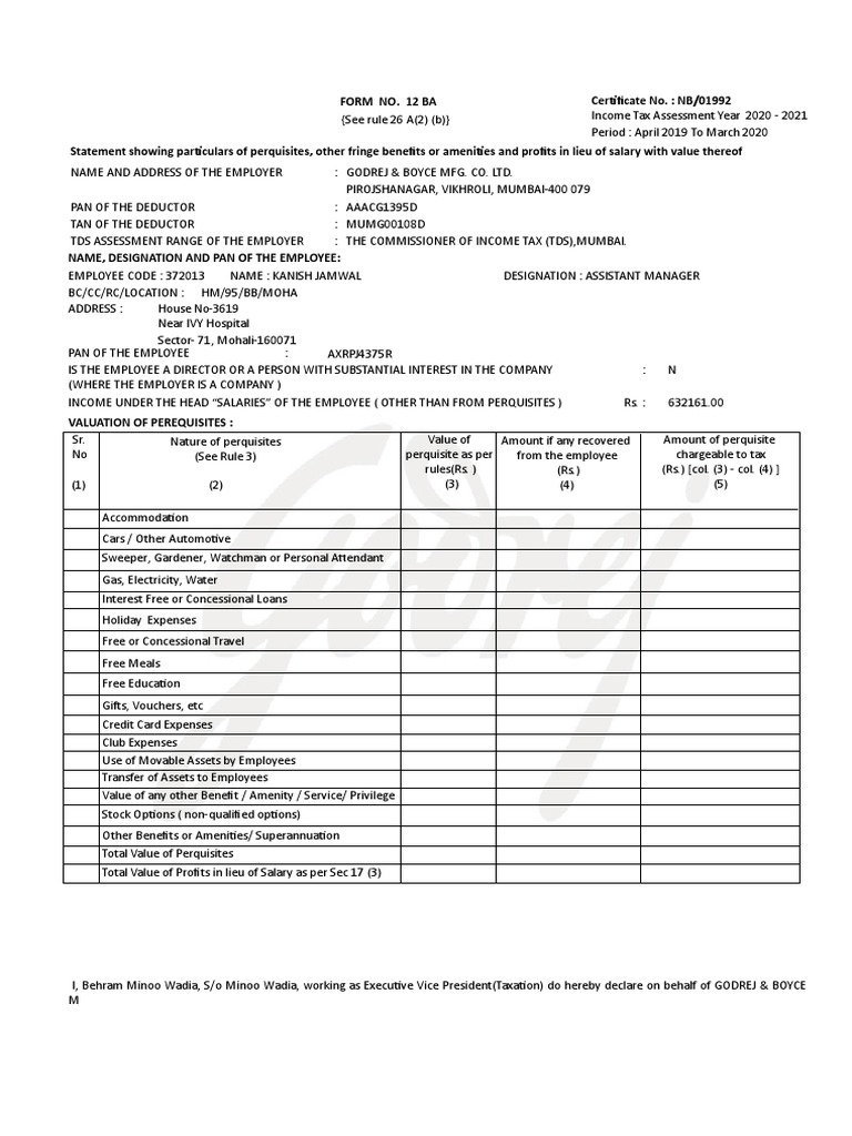 Certfcate No.: NB/01992 Form No. 12 Ba | Download Free PDF | Tax ...