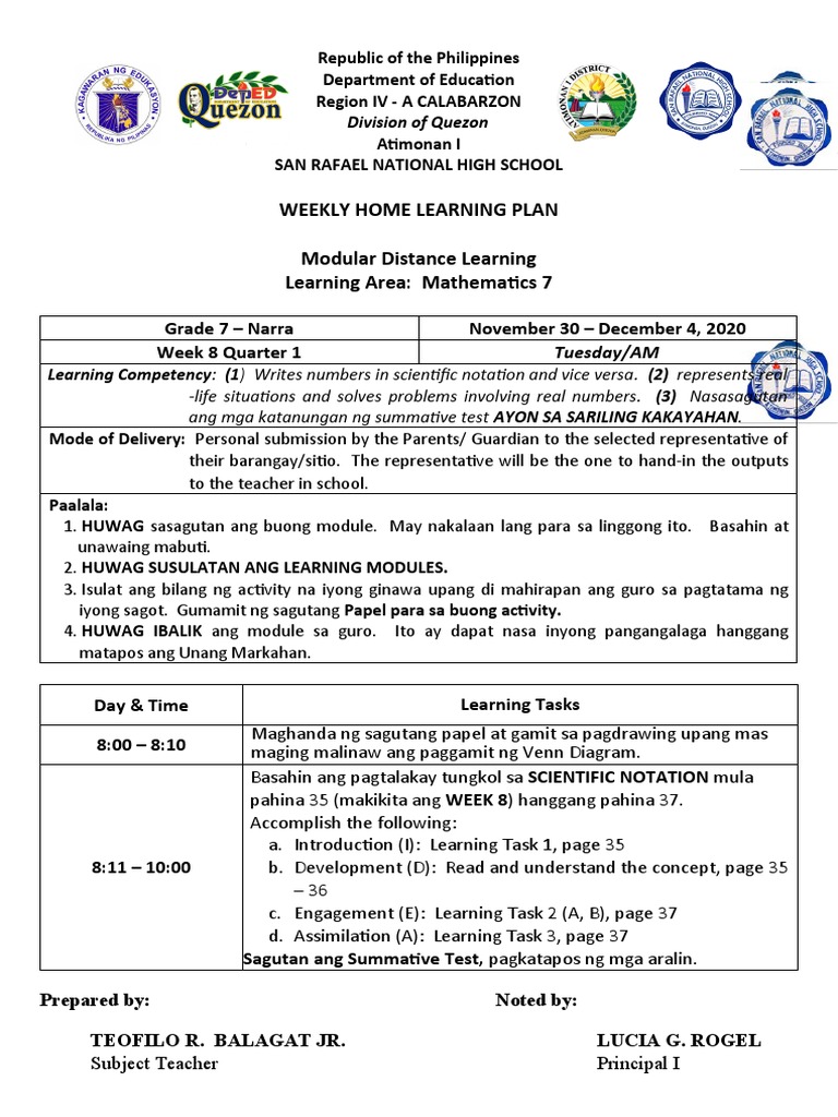 Weekly-Home-Learning-Plan-in-Mathematics 7 | PDF | Philippines | Learning