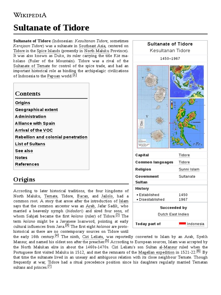 Sultanate of Tidore: Kerajaan Tidore) Was A Sultanate in Southeast Asia ...