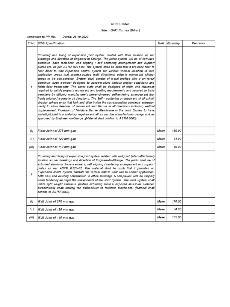 Expansion Joint (BOQ Specs) | PDF | Extrusion | Wall