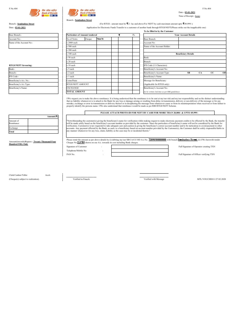 Bank of Baroda NEFT & RTGS Form | PDF | Financial Technology | Finance ...