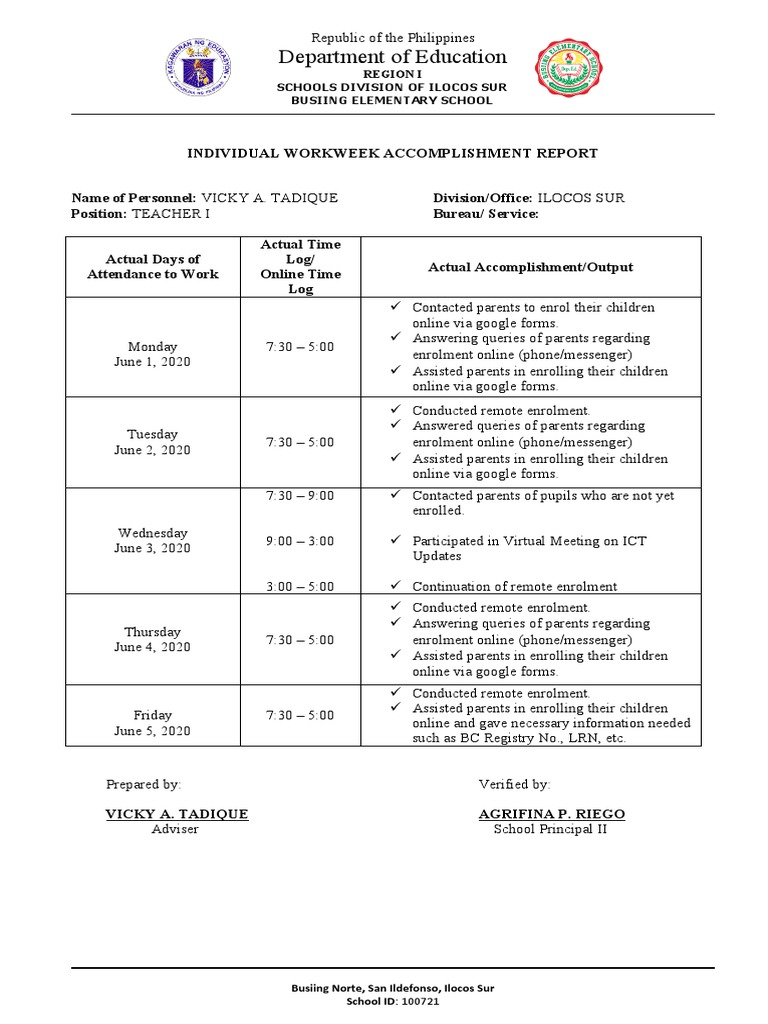 Individual Daily Log and Accomplishment Report | PDF | Workweek And ...