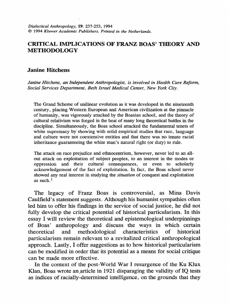 Critical Implications of Franz Boas' Theory and Methodology | PDF ...