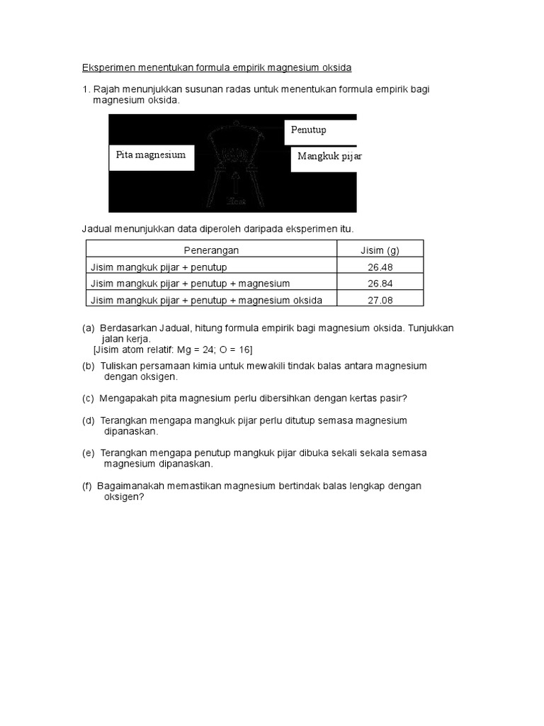 Eksperimen Menentukan Formula Empirik Magnesium Oksida | PDF