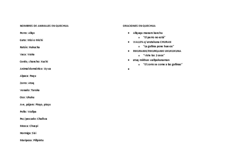 Nombres de Animales en Quechua | PDF