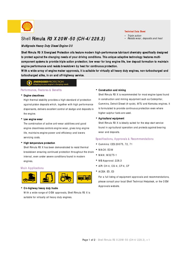 Shell Rimula R3 X 20W-50 (CH-4/228.3) : Performance, Features ...