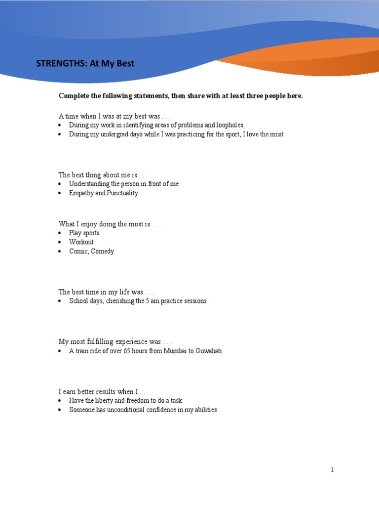 Strengths: at My Best: Complete The Following Statements, Then Share ...