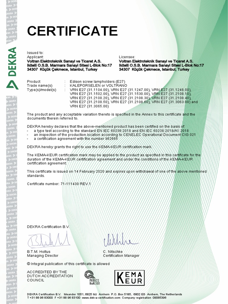 Certificate: DEKRA Certification B.V. Meander 1051, 6825 MJ Arnhem P.O ...