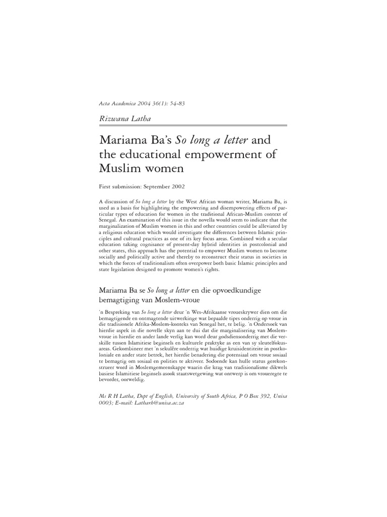 Mariama Ba's So long a letter and empowering Muslim women | PDF | Women ...