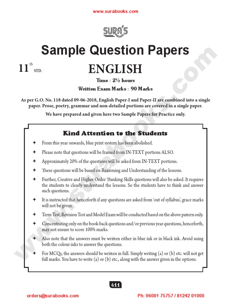 Sample Question Papers English: Kind Attention To The Students | PDF ...