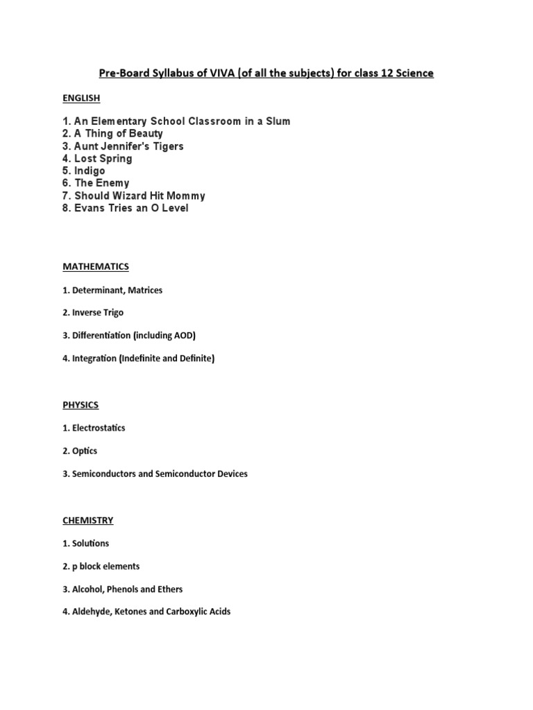 Class 12 Science Pre-Board Syllabus VIVA | PDF | Injury | Science