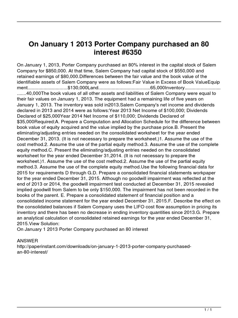 On January 1 2013 Porter Company Purchased An 80 Interest | PDF ...