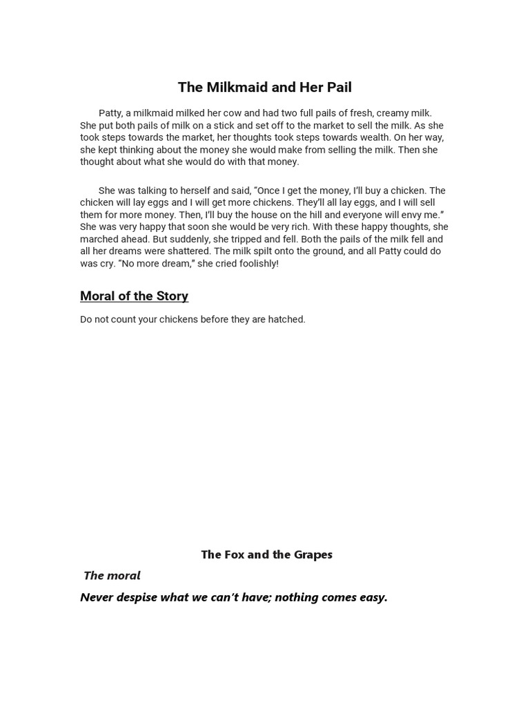 The Milkmaid and Her Pail: Moral of The Story | PDF