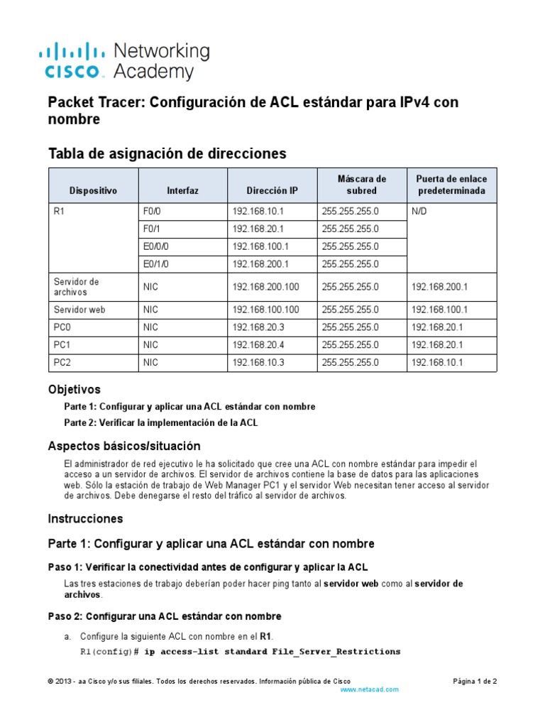 5.1.9 Packet Tracer - Configure Named Standard IPv4 ACLs | PDF | Dirección IP | Protocolos de ...