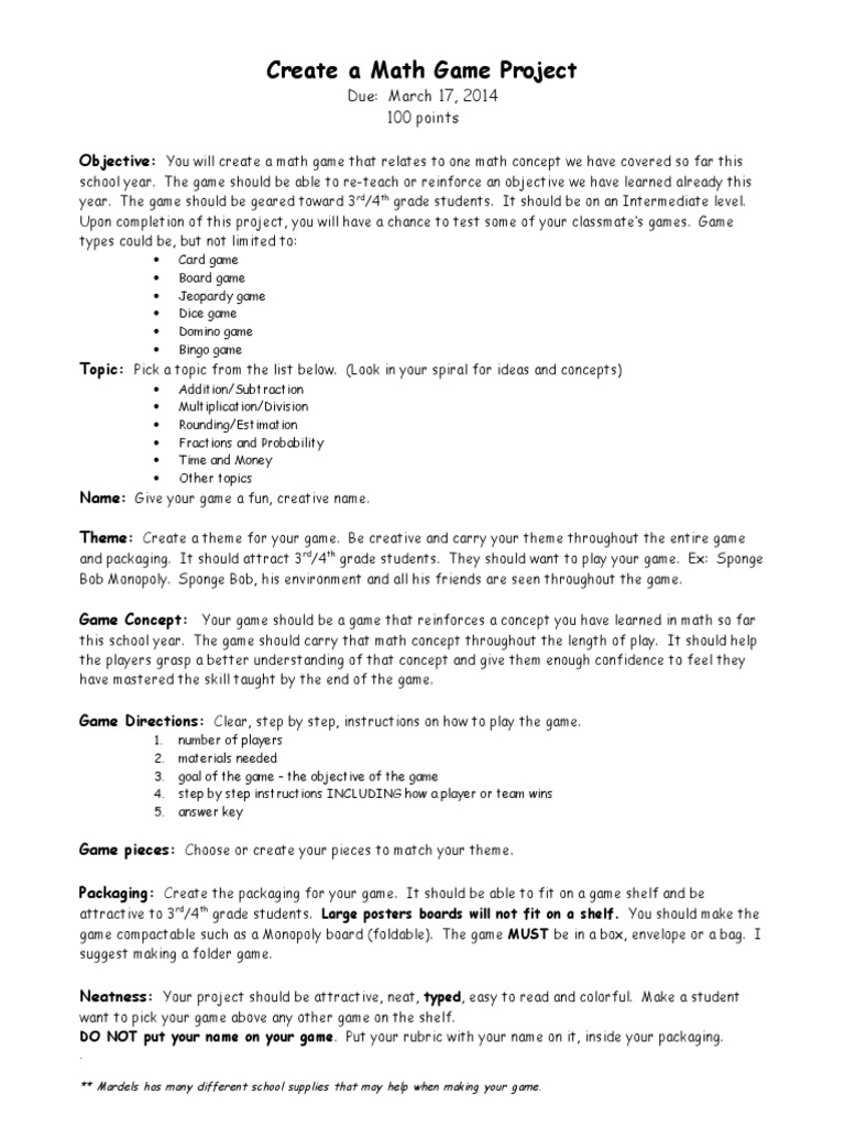 Create A Math Game Project: Objective | Download Free PDF | Learning ...