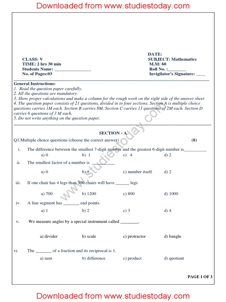 Class 5 Maths Question Paper Term 1 | PDF | Fraction (Mathematics ...