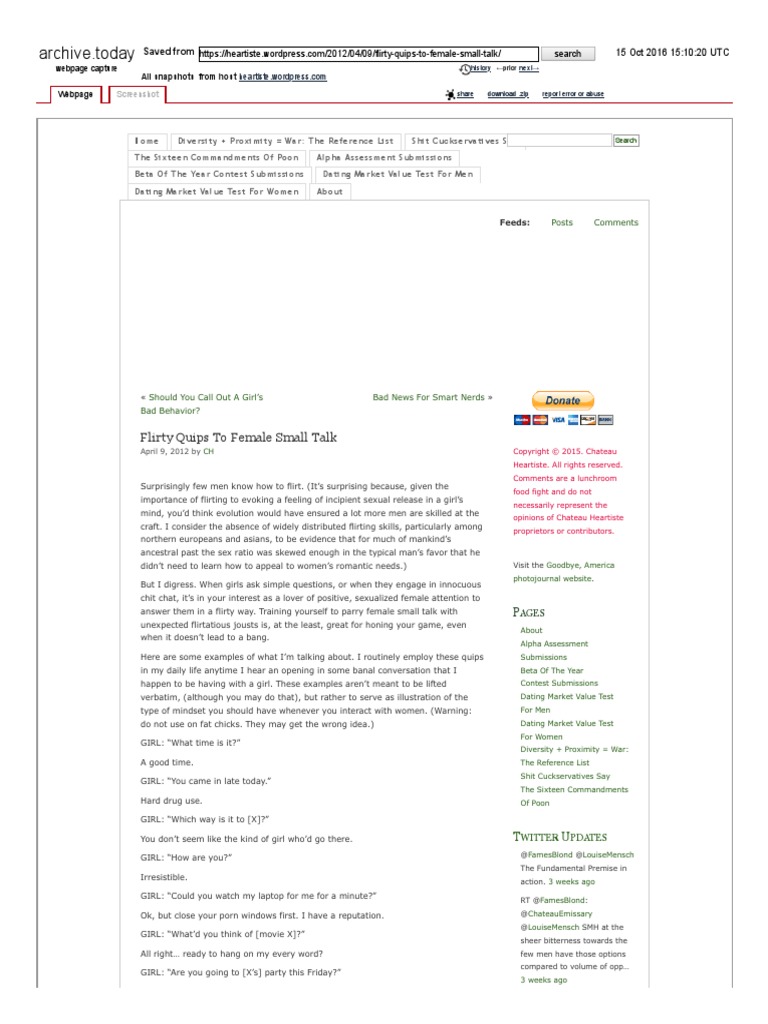 Flirty Quips To Female Small Talk - Chateau Heartiste | PDF | Flirting