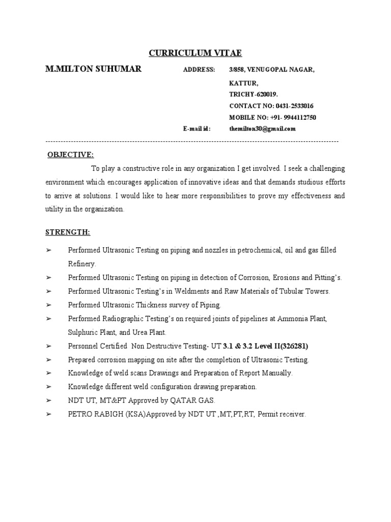 CURRICULUM VITAE Milton | PDF | Pipe (Fluid Conveyance) | Welding