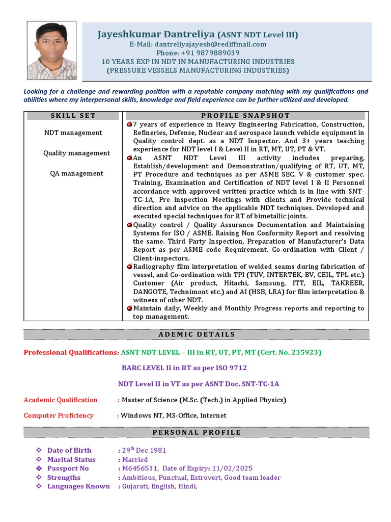 Jayesh ASNT NDT Level III Resume 1 | PDF