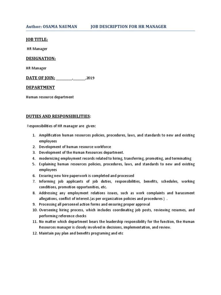 Job Description For HR Manager | PDF | Human Resource Management ...