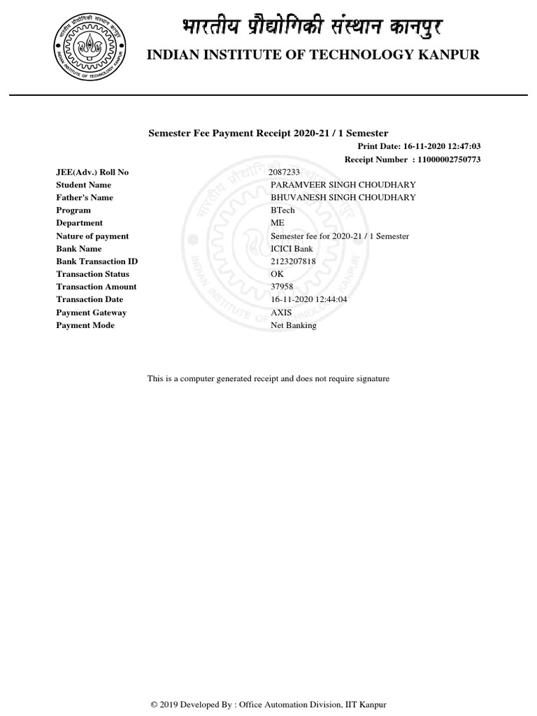 IIT Kanpur BTech Semester Fee Receipt | PDF