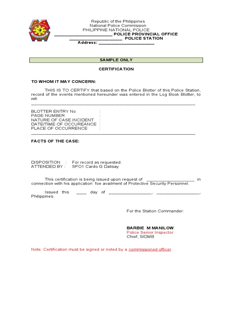 Police Blotter Entry Certification Sample | PDF