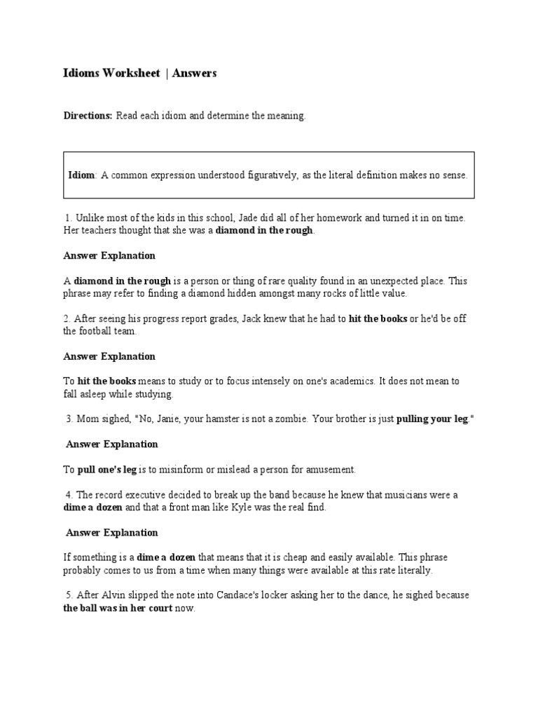 Idioms Worksheet - Answers | PDF