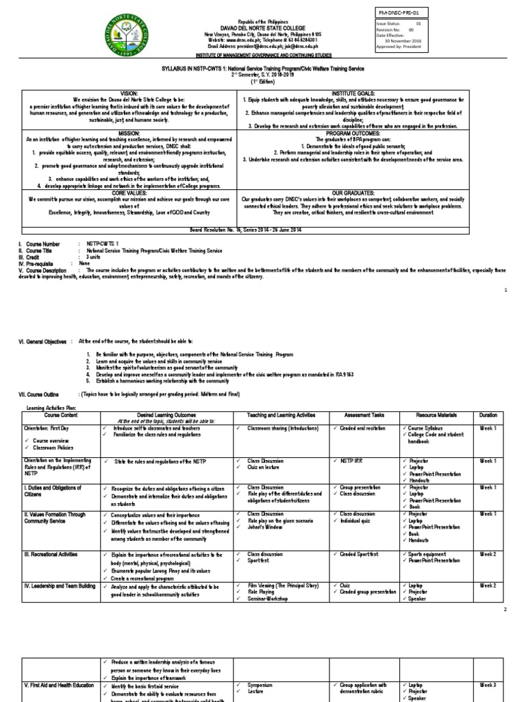 NSTP1-CWTS Syllabus | PDF | Entrepreneurship | Value (Ethics)
