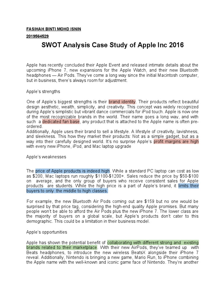 SWOT Analysis of Apple Inc. in 2016 Highlighting Strengths in Brand ...