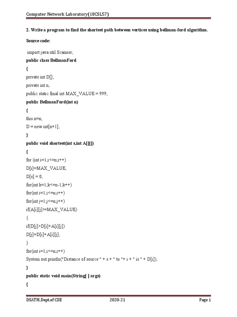 Write A Program To Find The Shortest Path Between Vertices Using Bellman Ford Algorithm Pdf 
