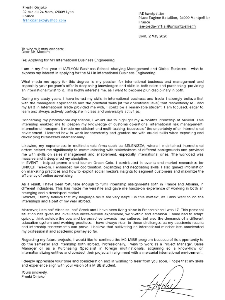Application for M1 International Business | PDF