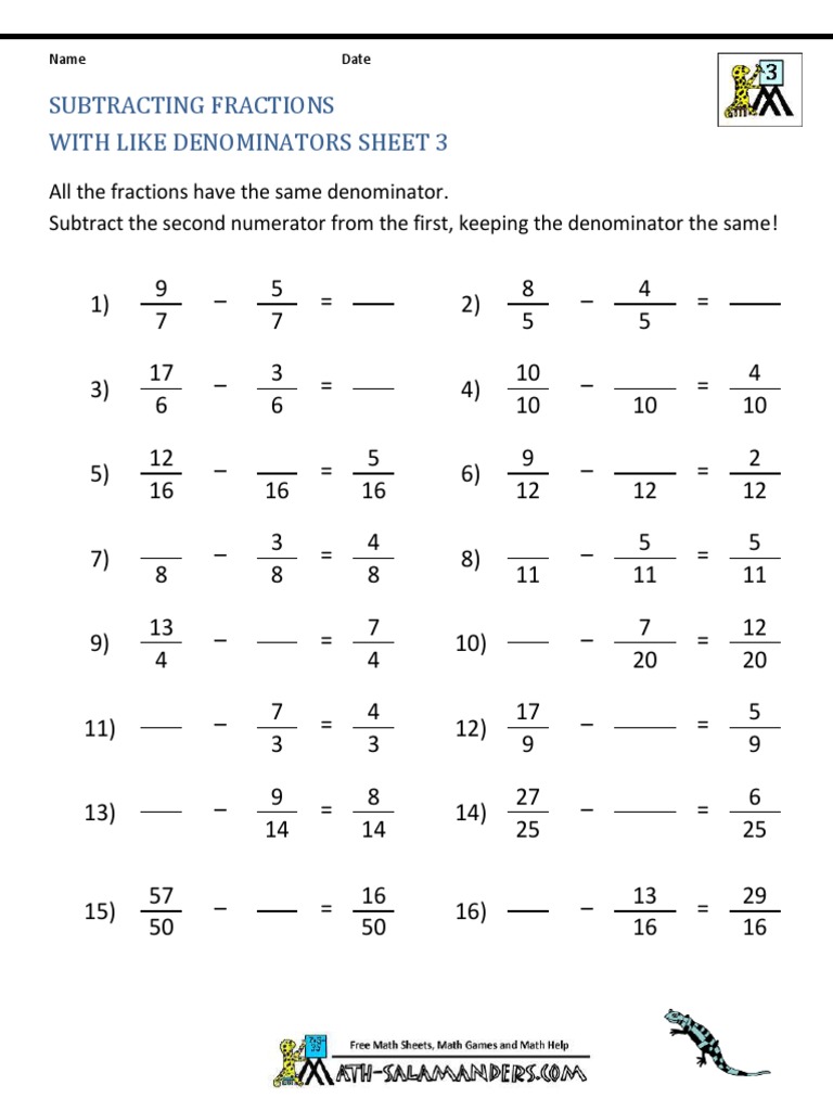 Subtracting Fractions With Like Denominators Sheet 3 | PDF ...