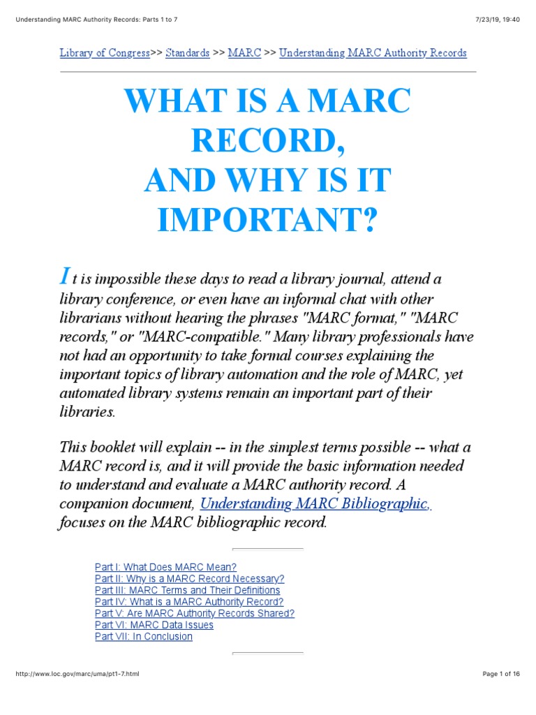 Understanding MARC Authority Records: Parts 1 To 7 | PDF | Cataloging ...