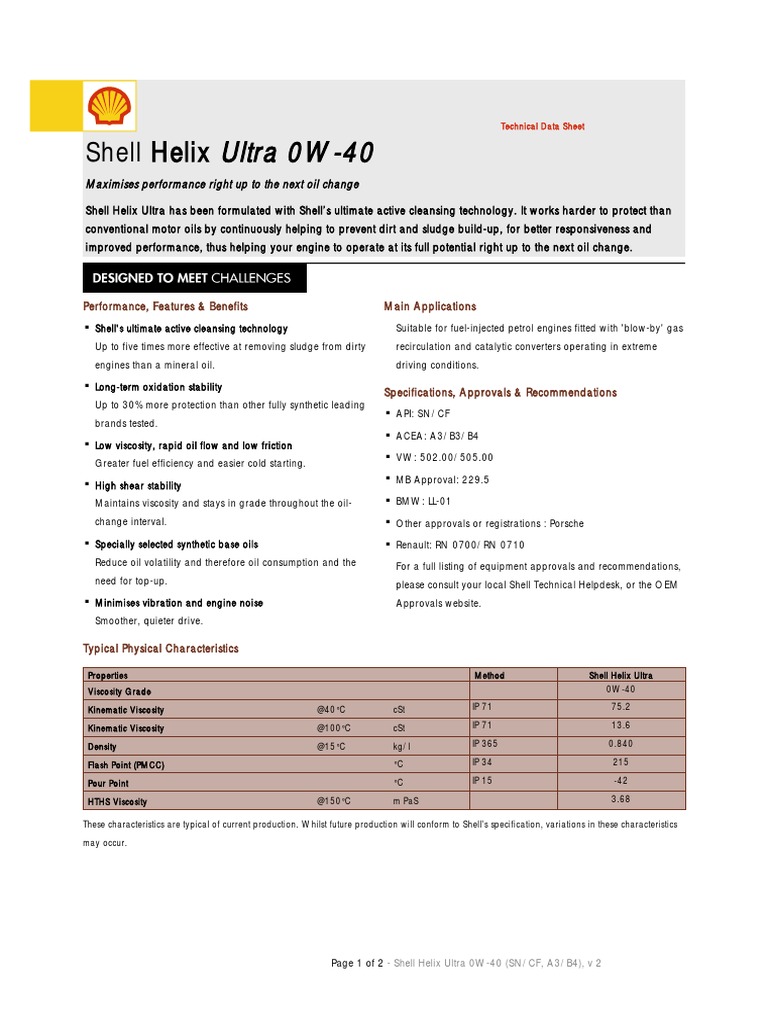 Shell Helix Ultra 0W-40 Specifications | PDF | Motor Oil | Chemistry