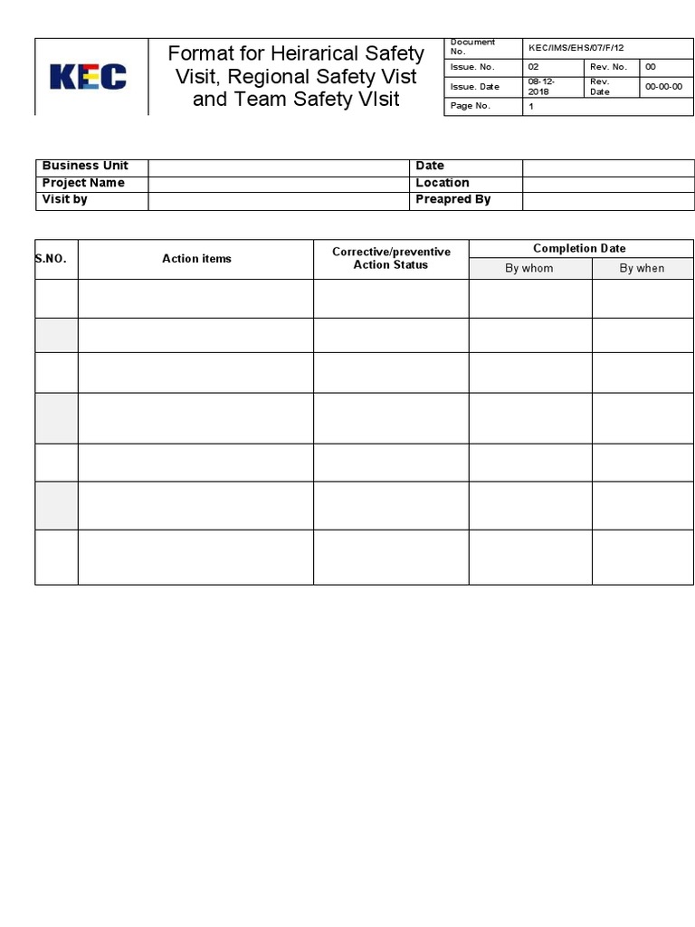 Format For Heirarical Safety Visit, Regional Safety Vist and Team ...