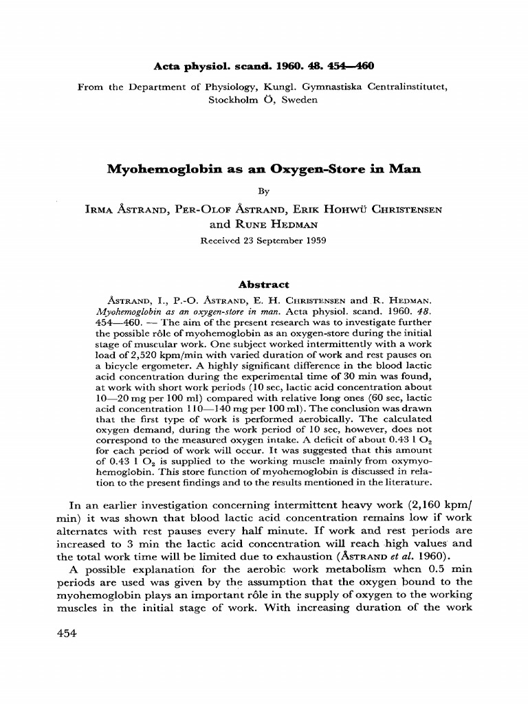Astrand,: Myohemoglobin Oxygen-Store in Man | PDF | Muscle | Blood